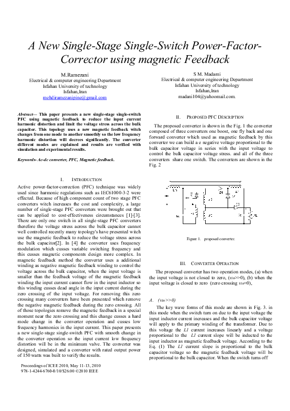 Pdf A New Single Stage Single Switch Power Factor Corrector Using Magnetic Feedback Ml O
