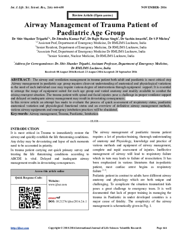 (PDF) Airway Management of Trauma Patient of Paediatric Age Group | SSR ...