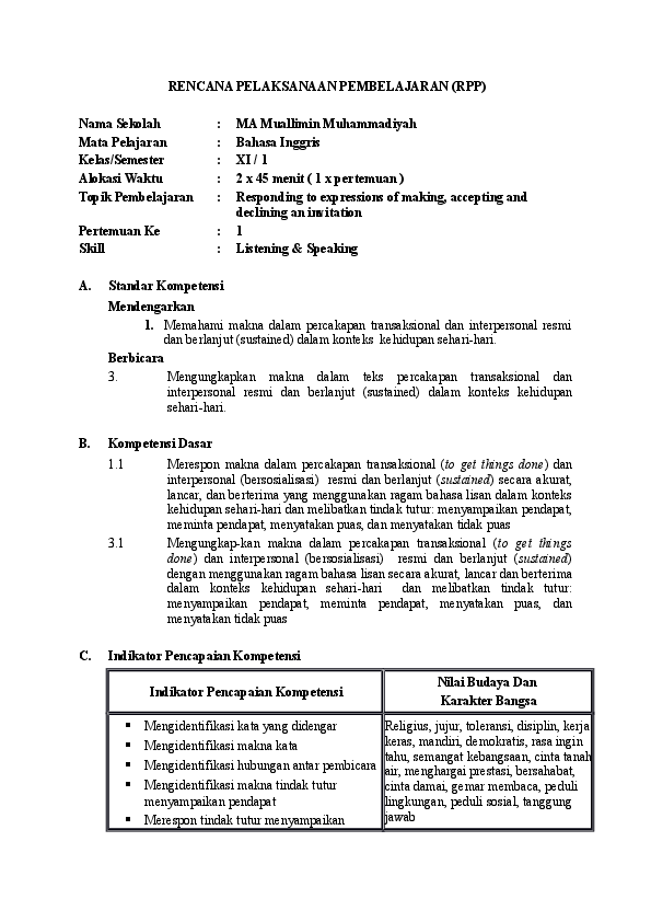 (DOC) RPP Semester 1 bahasa inggris kelas XI IPA/IPS