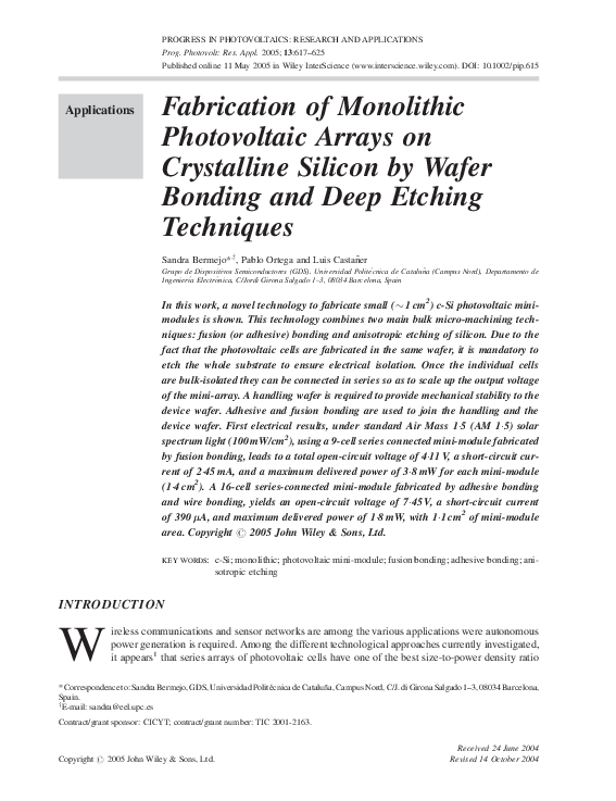(PDF) Fabrication of monolithic photovoltaic arrays on crystalline ...