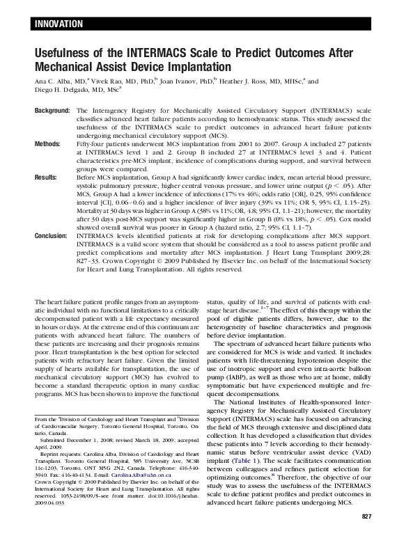 (PDF) Usefulness of the INTERMACS Scale to Predict Outcomes After ...