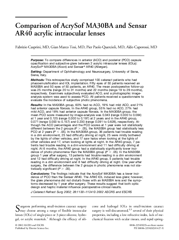 (PDF) Comparison of AcrySof MA30BA and sensar AR40 acrylic intraocular ...