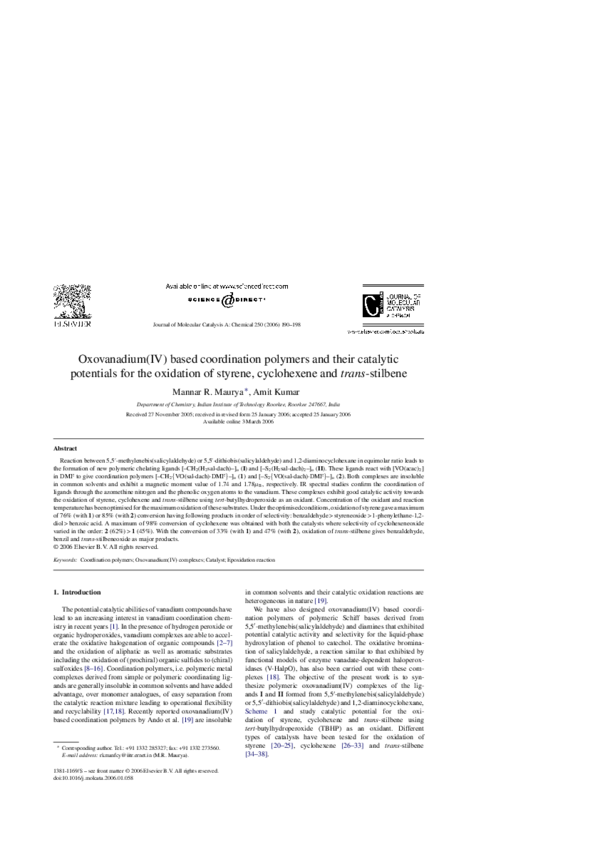 Pdf Oxovanadiumiv Based Coordination Polymers And Their Catalytic