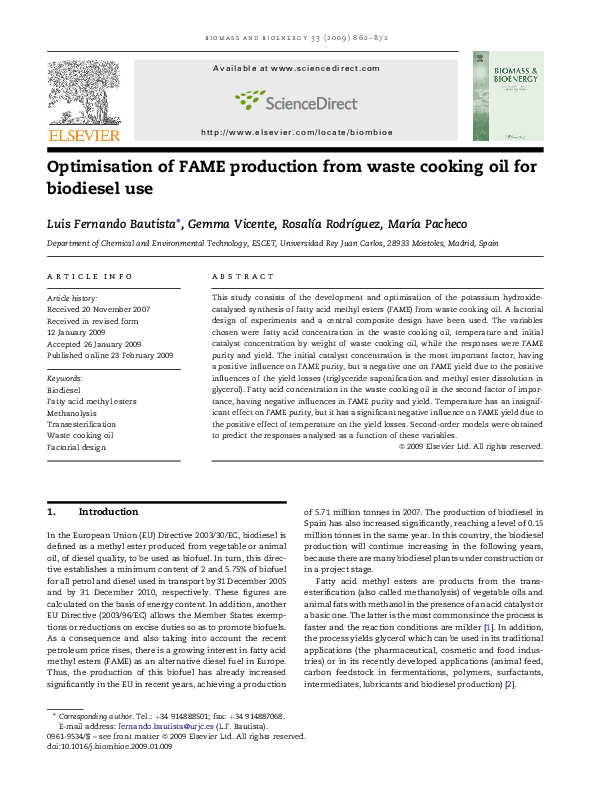 (PDF) Optimisation of FAME production from waste cooking oil for ...
