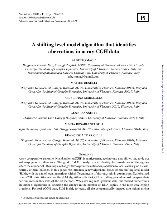 Pdf A Shifting Level Model Algorithm That Identifies Aberrations In Array Cgh Data Francesca