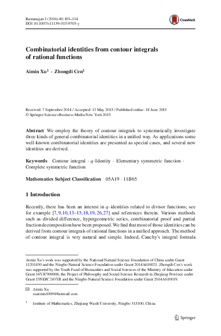 Pdf Combinatorial Identities From Contour Integrals Of Rational Functions