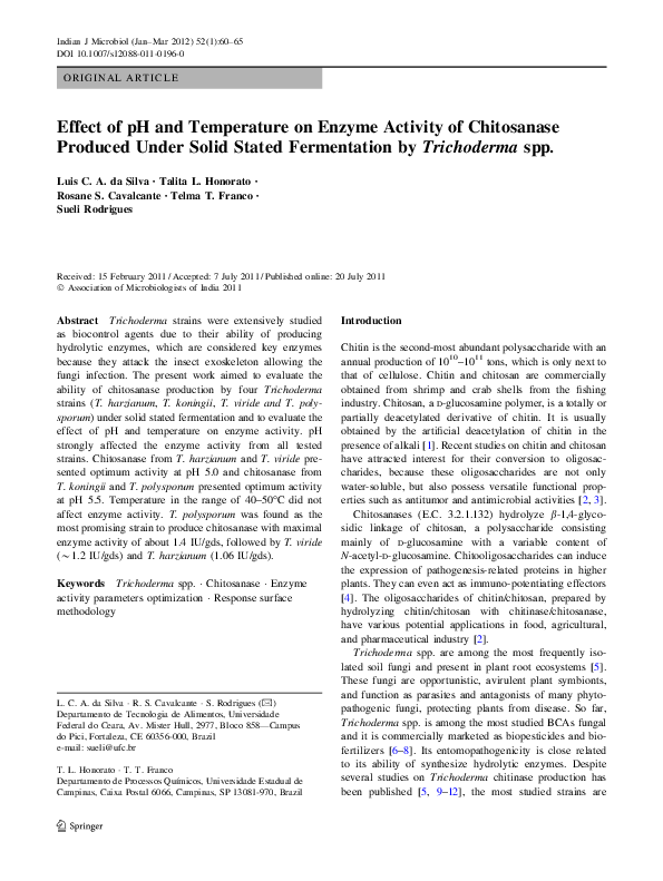 (PDF) Effect of pH and Temperature on Enzyme Activity of Chitosanase Produced Under Solid Stated ...