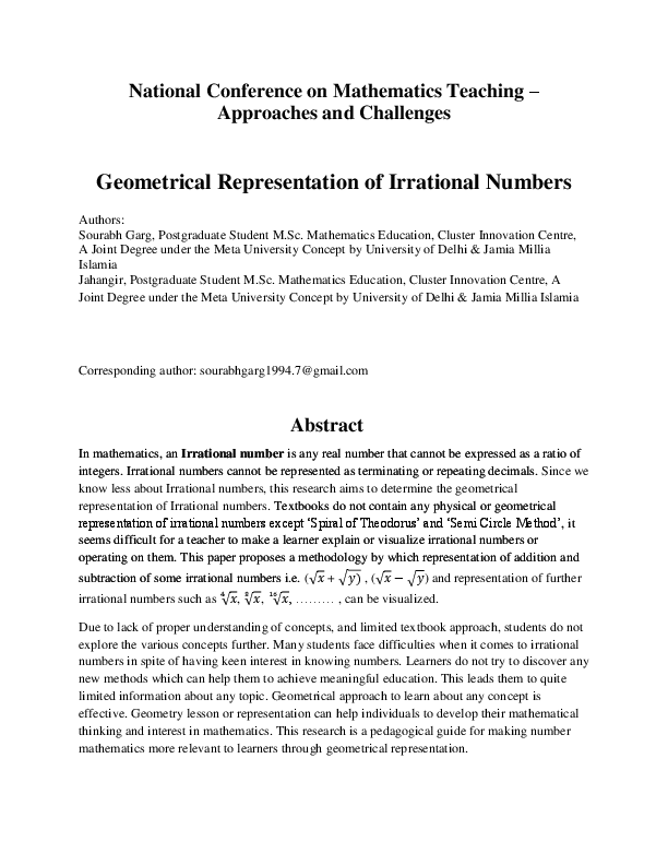 (PDF) Geometrical Representation of Irrational Numbers