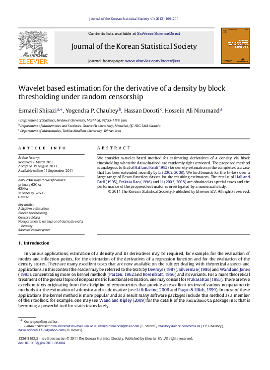 Pdf Wavelet Based Estimation For The Derivative Of A Density By Block Thresholding Under