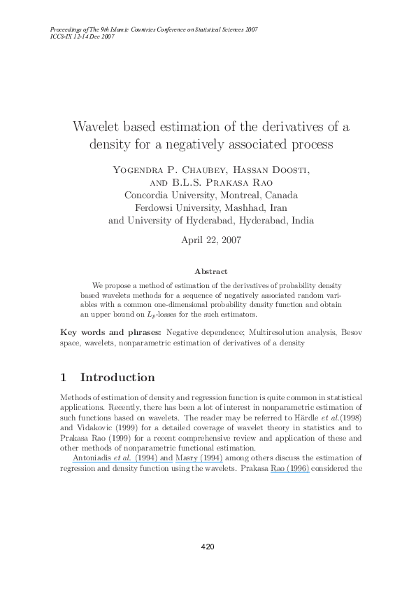 Pdf Wavelet Based Estimation Of The Derivatives Of A Density For A