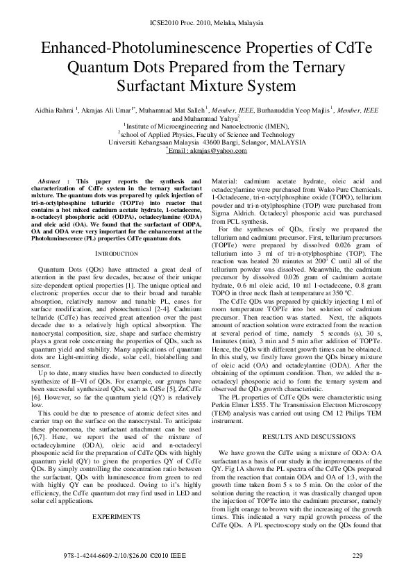 (PDF) Enhanced-photoluminescence properties of CdTe quantum dots prepared from the ternary ...