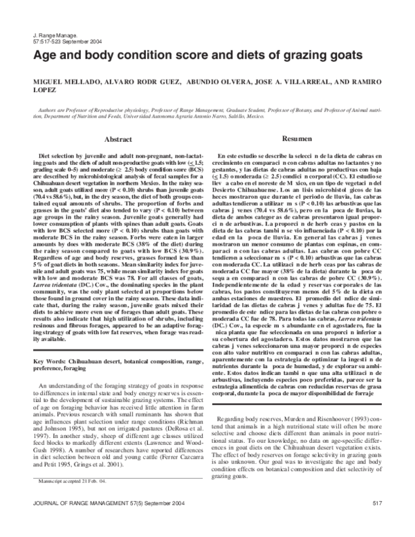 (PDF) Age and body condition score and diets of grazing goats