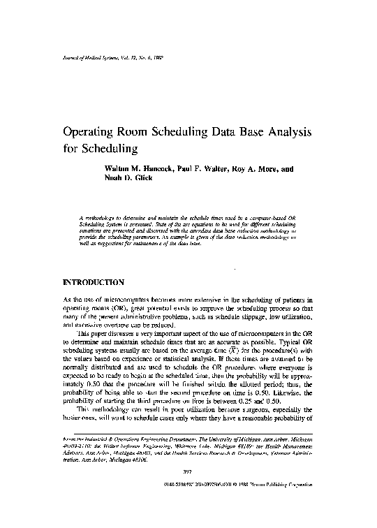 Pdf Operating Room Scheduling Data Base Analysis For Scheduling