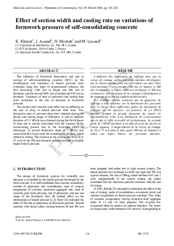 Pdf Effect Of Section Width And Casting Rate On Variations Of Formwork Pressure Of Self