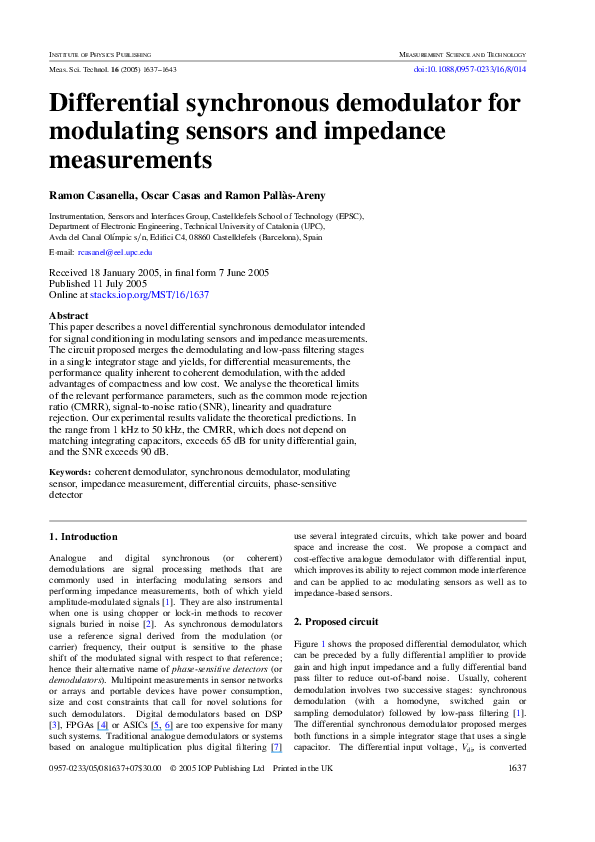 Pdf Differential Synchronous Demodulator For Modulating Sensors And