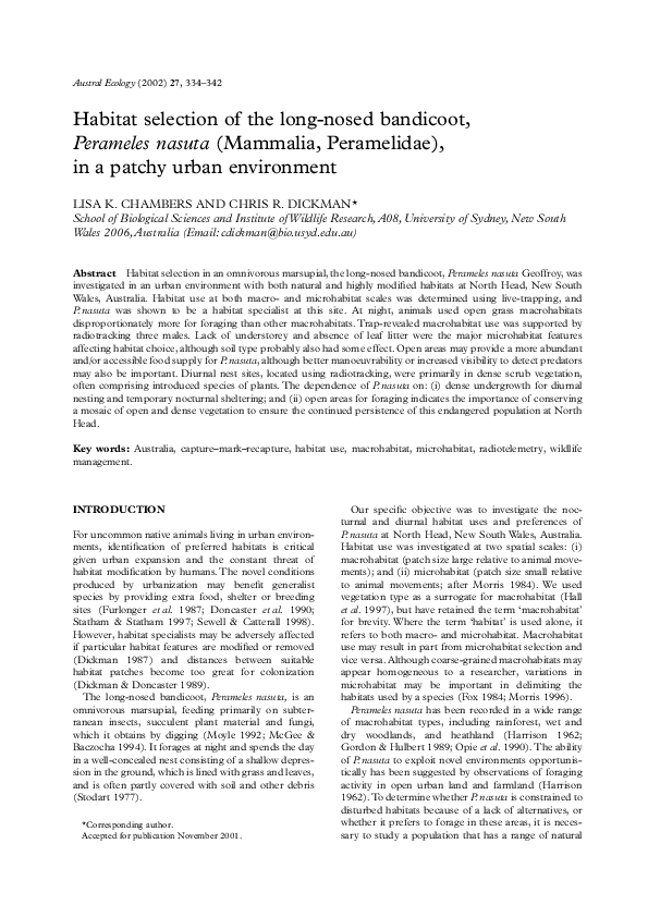 (PDF) Habitat selection of the long-nosed bandicoot, Perameles nasuta ...