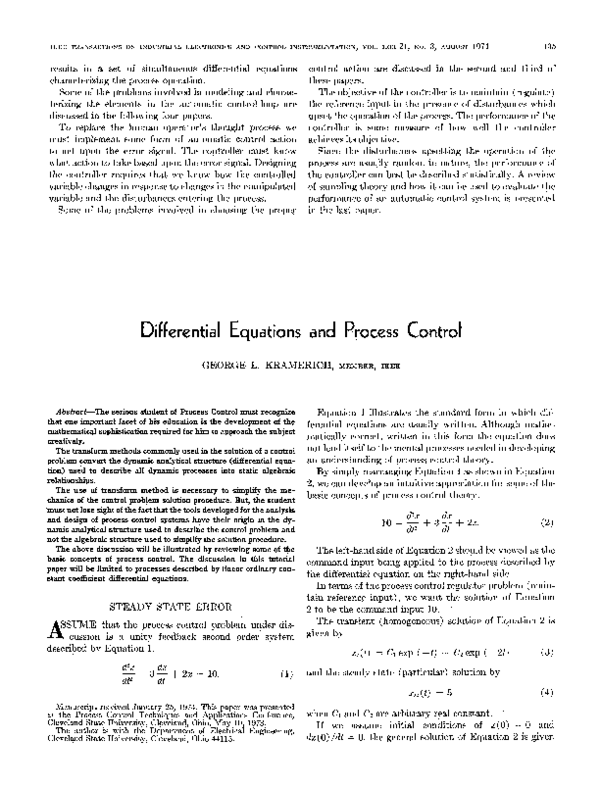 Pdf Differential Equations And Process Control