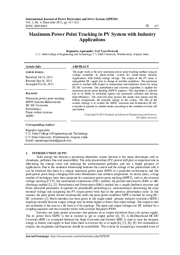 (PDF) Maximum Power Point Tracking in PV System with Industry Applications