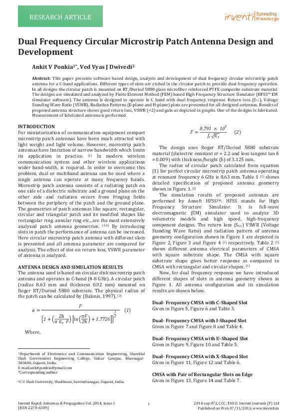 (PDF) Dual Frequency Circular Microstrip Patch Antenna Design and Development