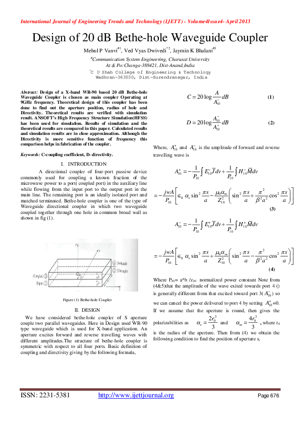(PDF) Design of 20 dB Bethe-hole Waveguide Coupler