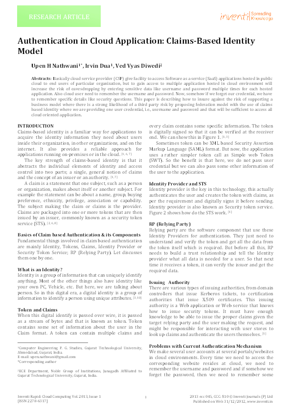 (PDF) Authentication in Cloud Application: Claims-Based Identity Model (PDF) Authentication in Cloud Application: Claims-Based Identity Model