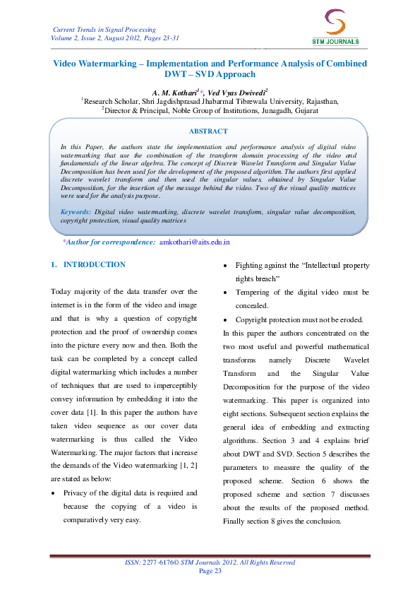 (PDF) Video Watermarking – Implementation and Performance Analysis of Combined DWT – SVD Approach