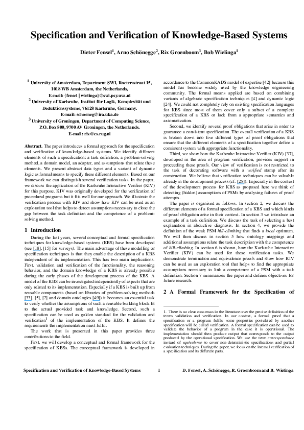 (PDF) Specification and Verification of Knowledge-Based Systems