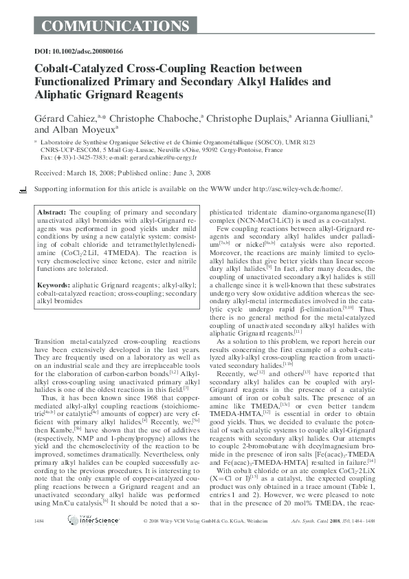 (PDF) Cobalt‐Catalyzed Cross‐Coupling Reaction between Functionalized Primary and Secondary ...