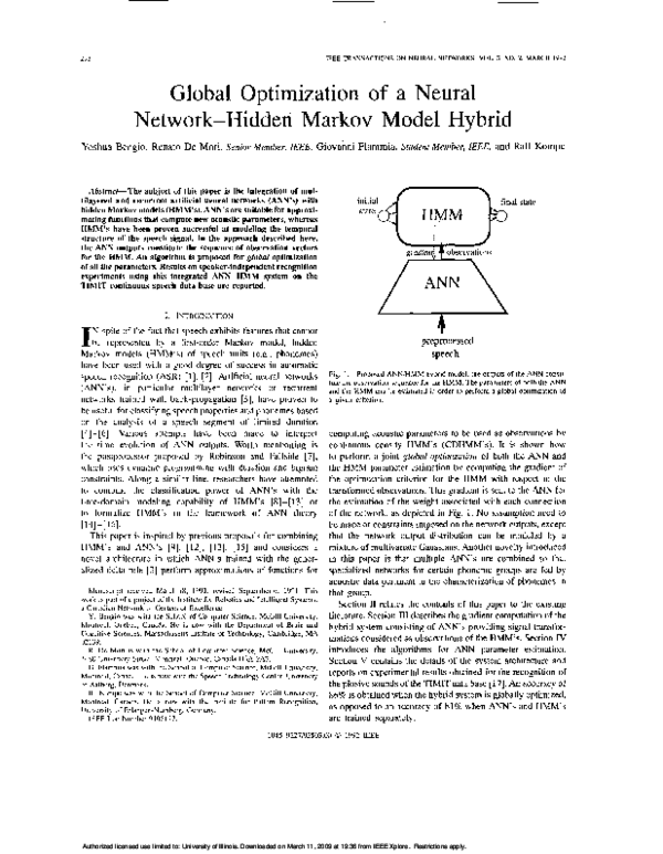 Pdf Global Optimization Of A Neural Network Hidden Markov Model Hybrid