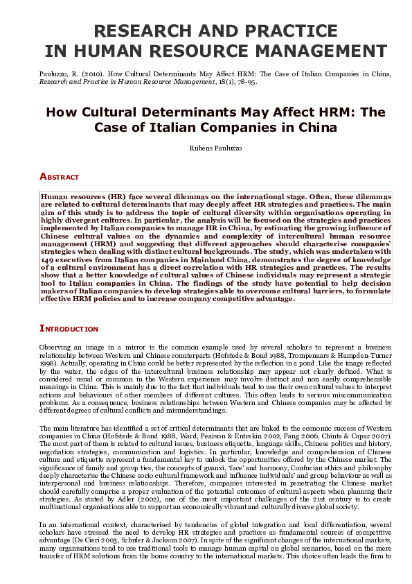 (PDF) How Cultural Determinants May Affect HRM: The Case of Italian ...