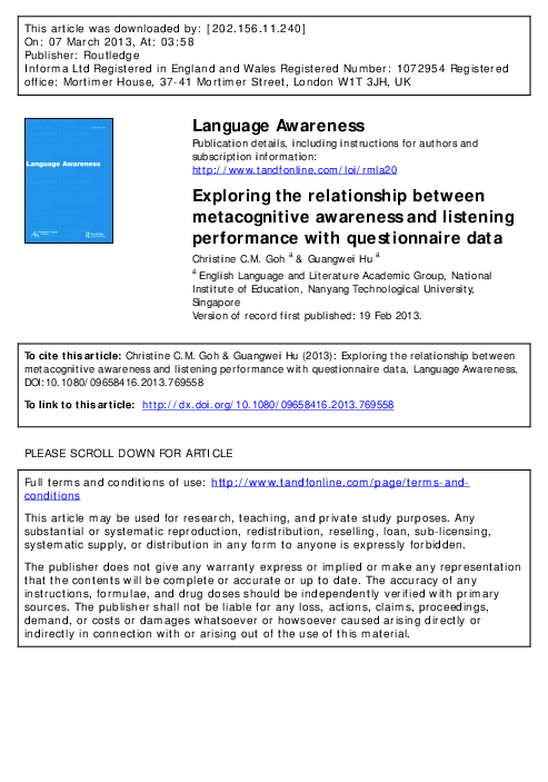 Pdf Goh C C M And Hu G W 2014 Exploring The Relationship Between Metacognitive