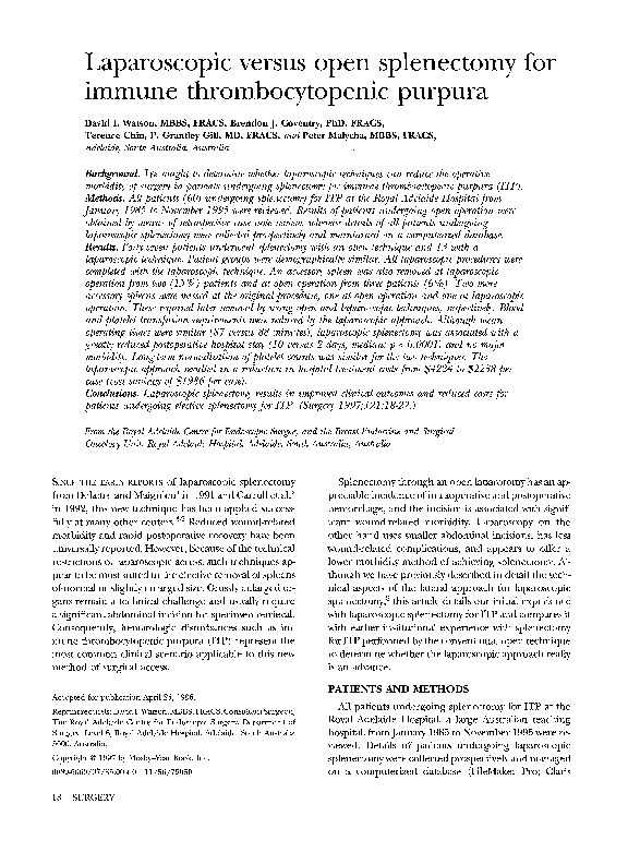 (PDF) Laparoscopic versus open splenectomy for immune thrombocytopenic ...