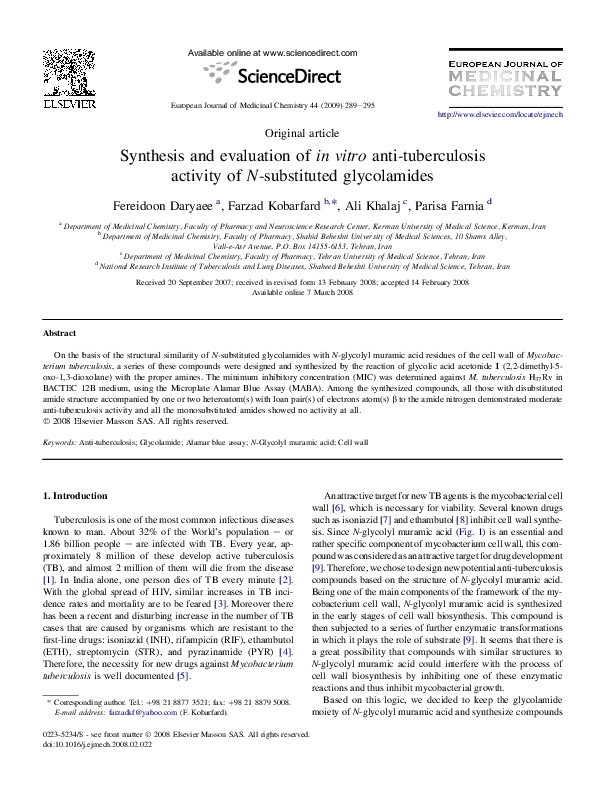 (PDF) Synthesis and evaluation of in vitro antitubercular activity and antimicrobial activity of ...