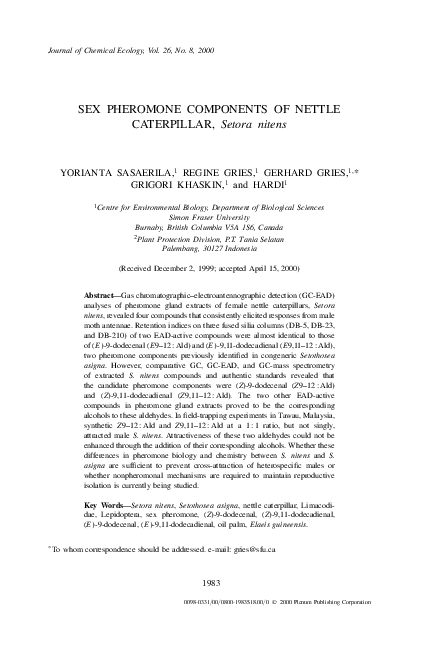 (PDF) Sex Pheromone Components of Nettle Caterpillar, Setora nitens