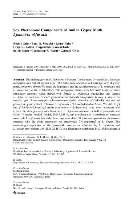 (PDF) Sex Pheromone Components of Indian Gypsy Moth, Lymantria obfuscata