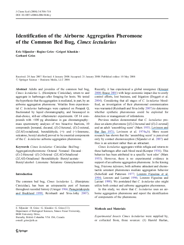 (PDF) Identification of the Airborne Aggregation Pheromone of the Common Bed Bug, Cimex lectularius