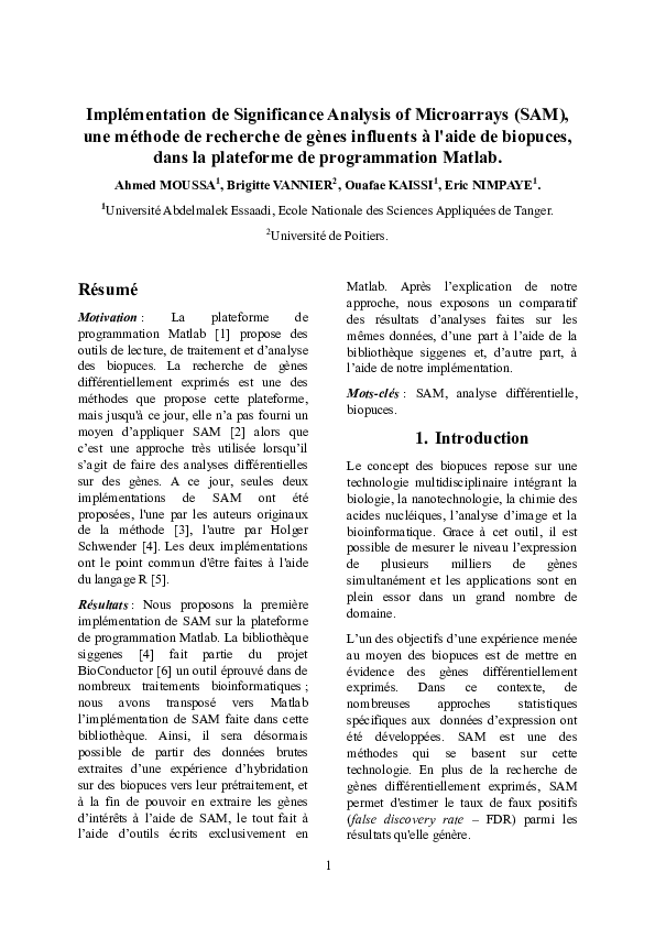 (PDF) Implémentation de Significance Analysis of Microarrays (SAM), une méthode de recherche de ...