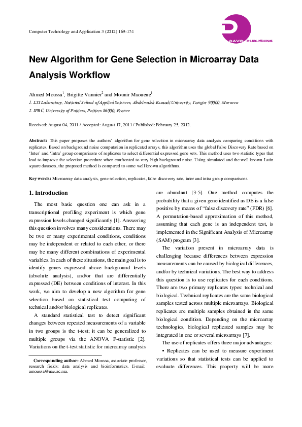 Pdf New Algorithm For Gene Selection In Microarray Data Analysis Workflow