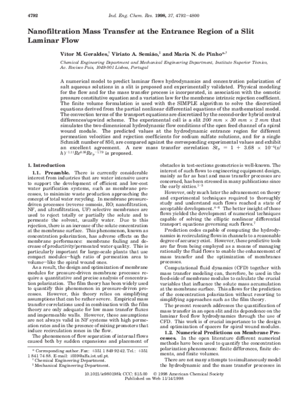 (PDF) Nanofiltration Mass Transfer at the Entrance Region of a Slit ...