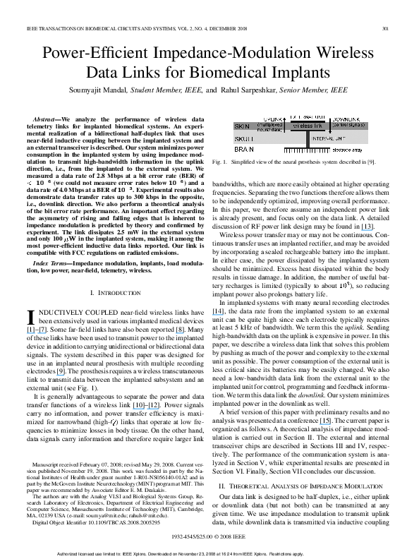 Pdf Power Efficient Impedance Modulation Wireless Data Links For Biomedical Implants