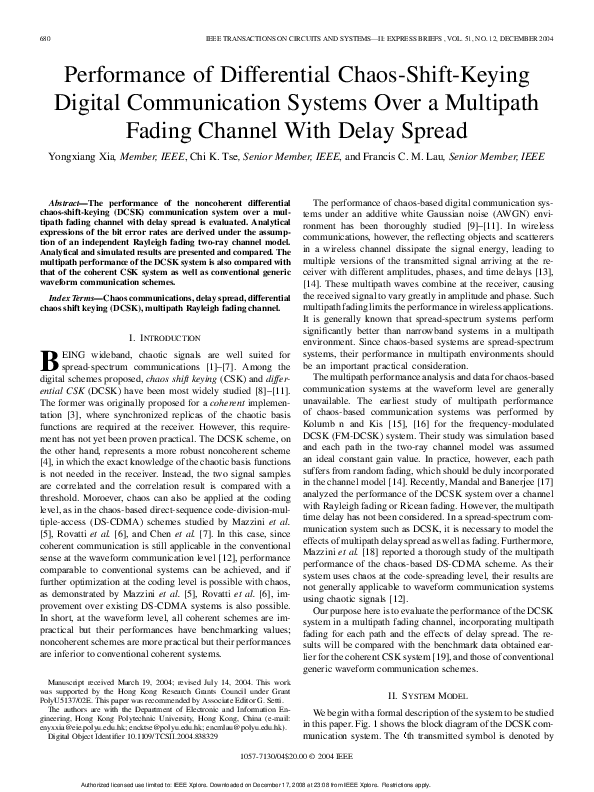 (PDF) Performance of Differential Chaos Shift Keying Communication over Multipath Fading Channels