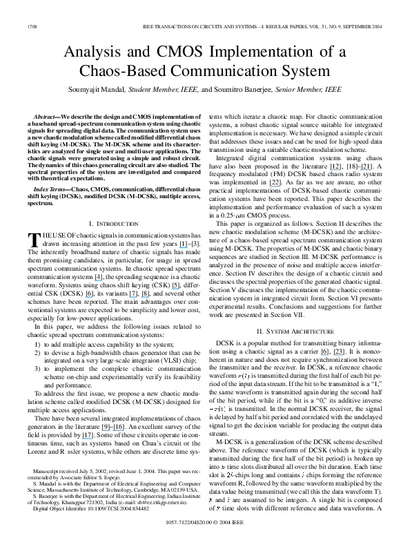 Pdf Analysis And Cmos Implementation Of A Chaos Based Communication System