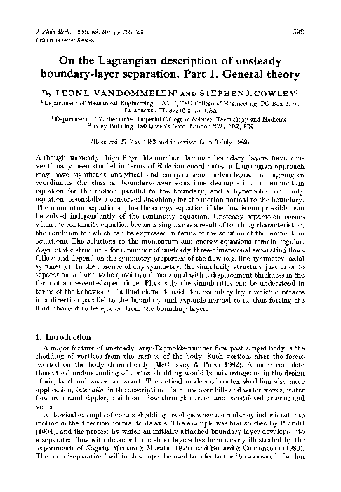 (PDF) On the Lagrangian description of unsteady boundary-layer separation. Part 1. General theory