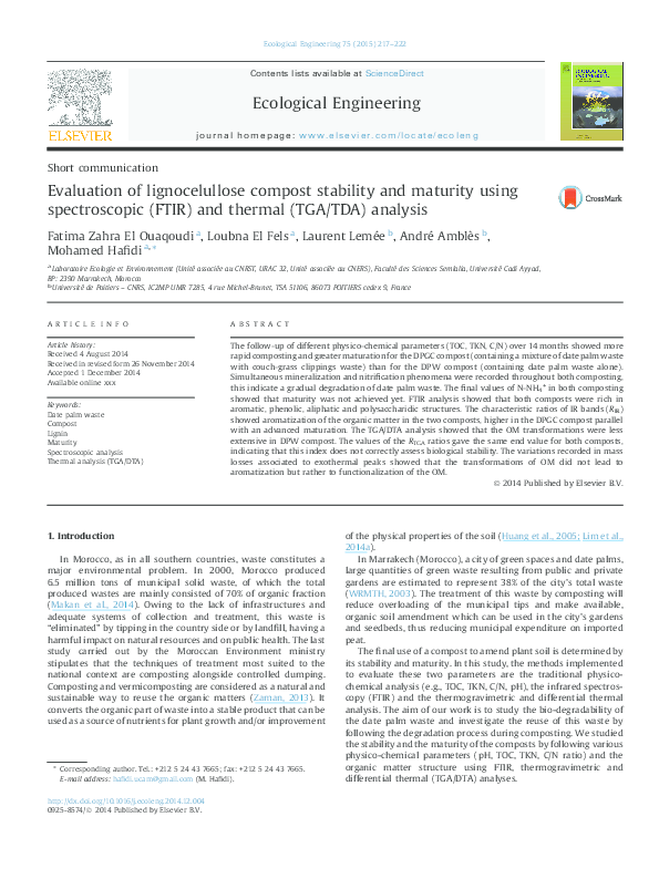(PDF) Evaluation of lignocelullose compost stability and maturity using spectroscopic (FTIR) and ...