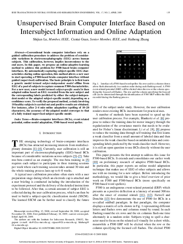 (PDF) Unsupervised Brain Computer Interface Based on Intersubject Information and Online Adaptation