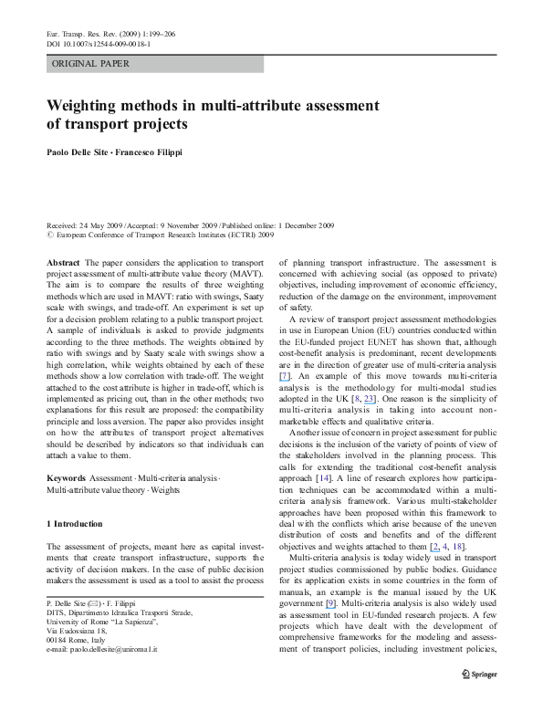 (PDF) Weighting methods in multi-attribute assessment of transport projects