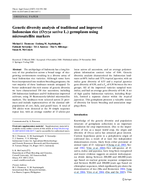 (PDF) Genetic diversity analysis of traditional and improved Indonesian rice ( Oryza sativa L ...
