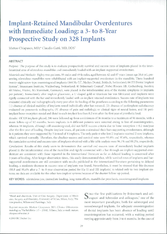 (PDF) Immediate Loading of Implant-Retained Mandibular Overdentures: 3-8 Year Outcomes