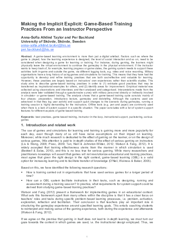 Making the implicit explicit : Game-based training practices from an instructor perspective