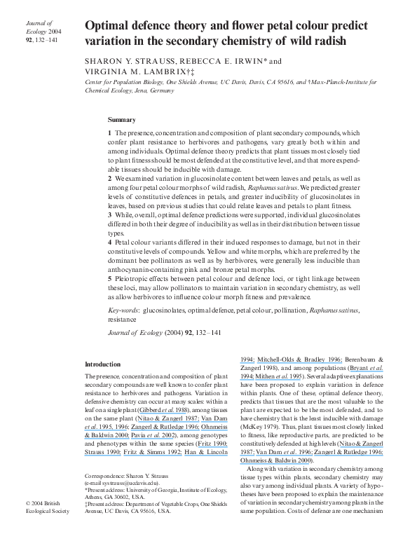 (PDF) Optimal defence theory and flower petal colour predict variation ...